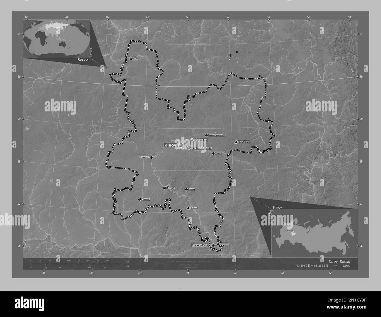 Kirov, region of Russia. Grayscale elevation map with lakes and rivers ...