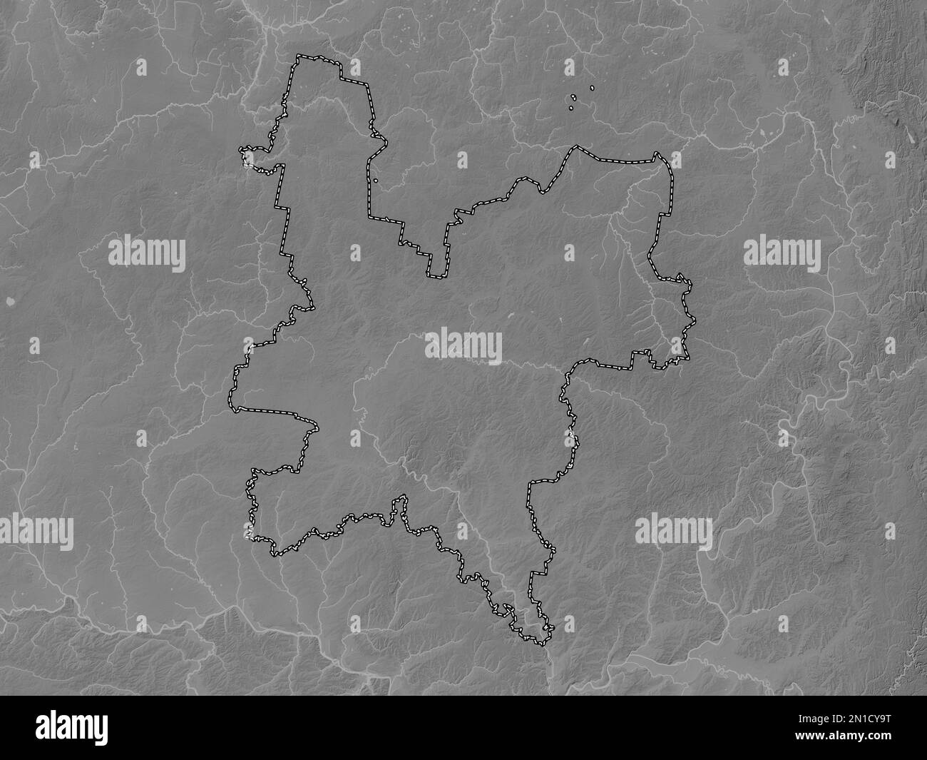 Kirov, region of Russia. Grayscale elevation map with lakes and rivers ...