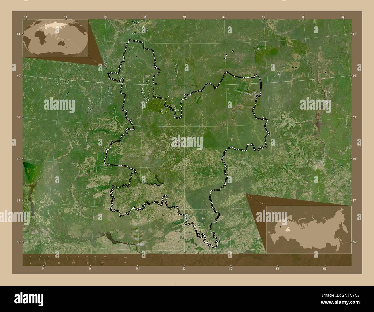 Kirov, region of Russia. Low resolution satellite map. Corner auxiliary ...