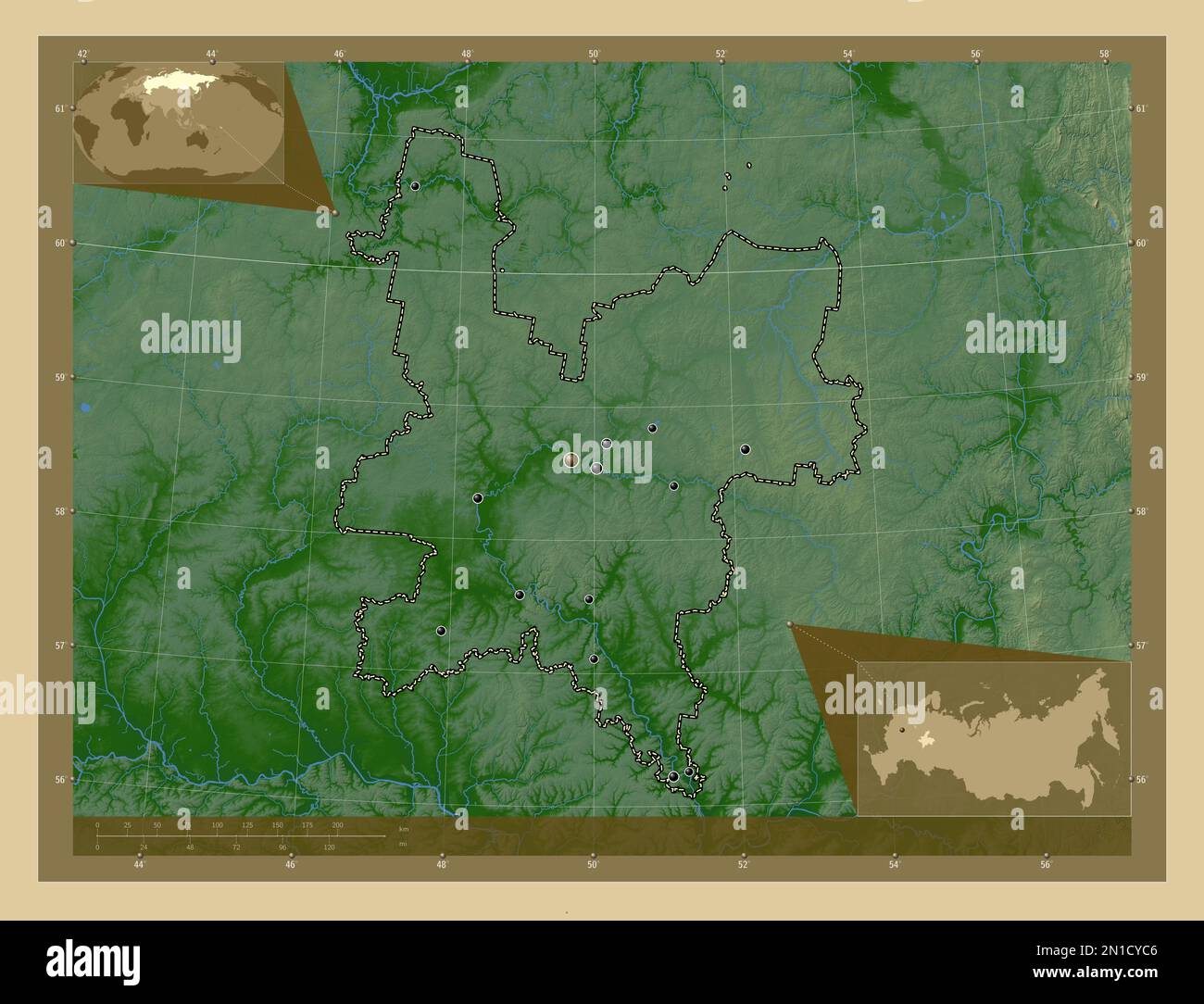 Kirov, region of Russia. Colored elevation map with lakes and rivers ...
