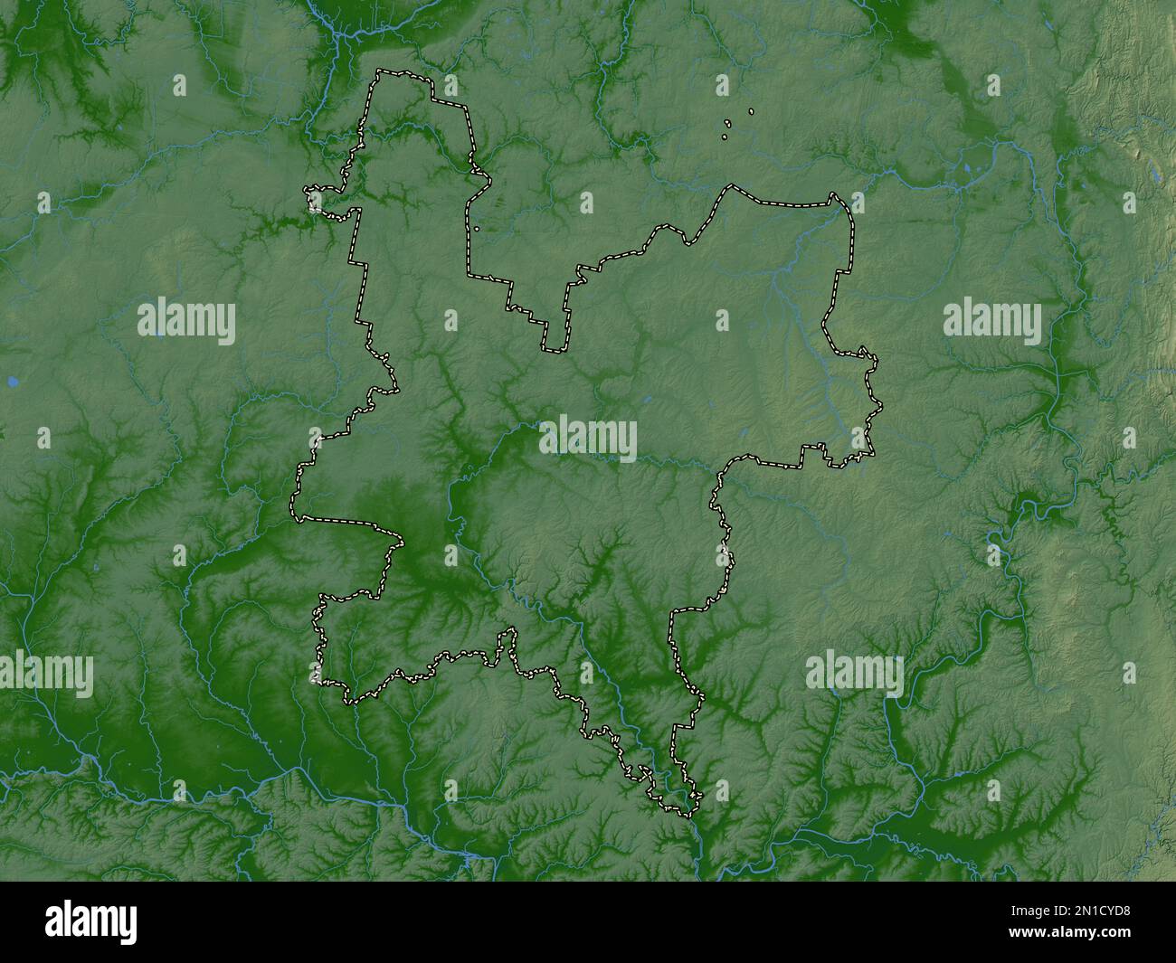Kirov, region of Russia. Colored elevation map with lakes and rivers ...