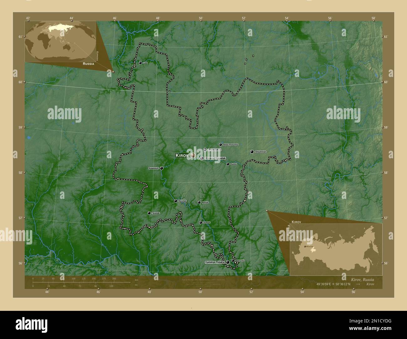 Kirov, region of Russia. Colored elevation map with lakes and rivers ...