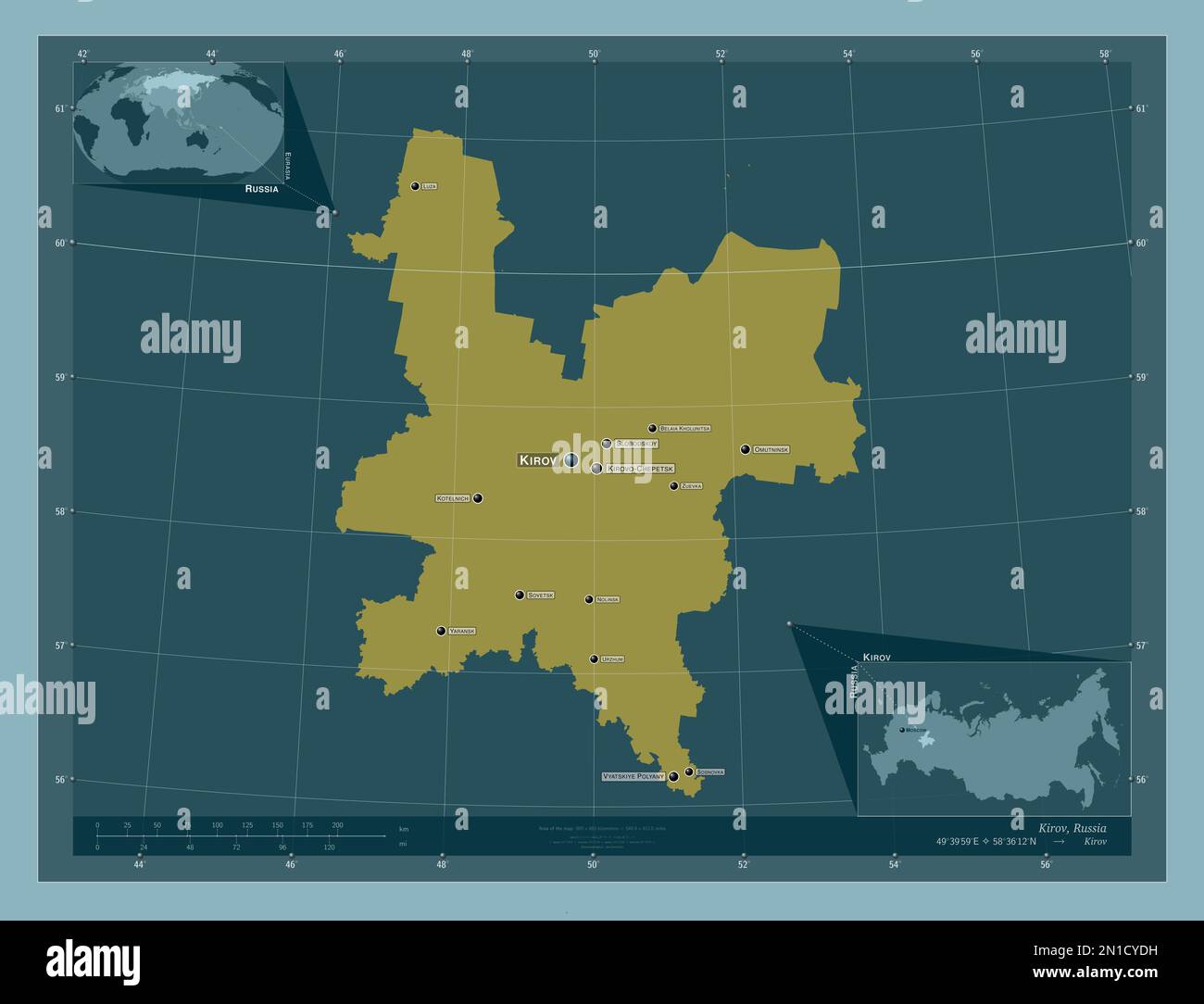 Kirov, region of Russia. Solid color shape. Locations and names of ...