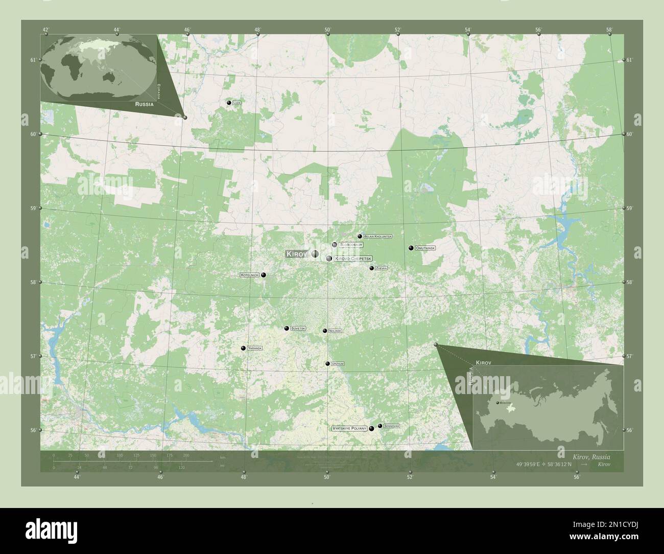 Kirov, region of Russia. Open Street Map. Locations and names of major ...