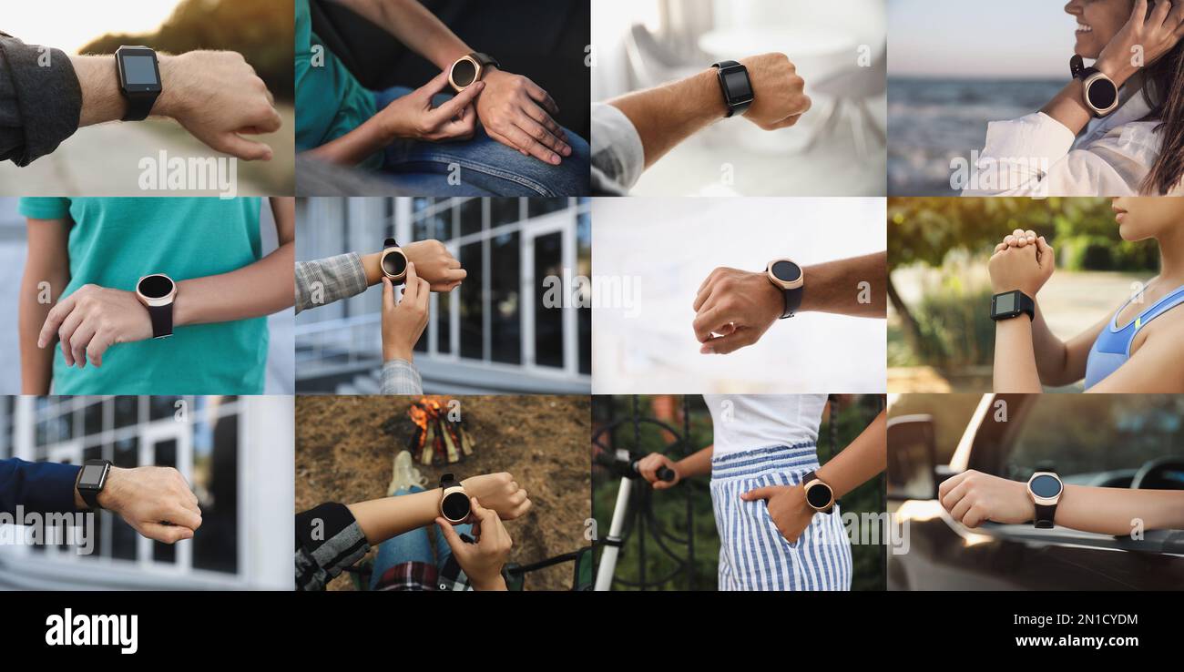 Photos of people using different smart watches, closeup. Collage design ...