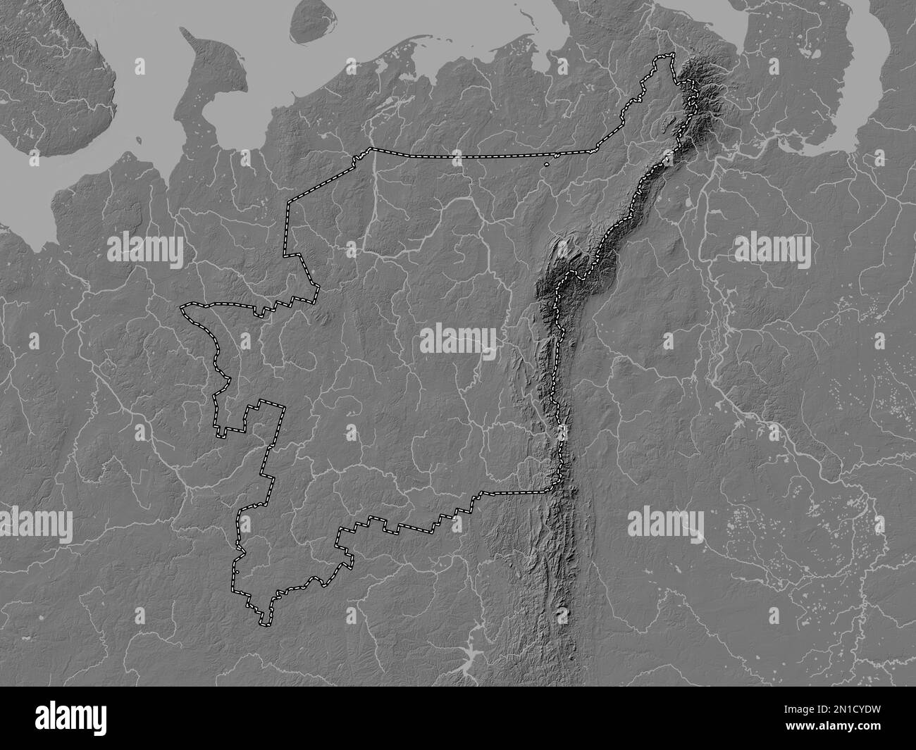 Komi, republic of Russia. Bilevel elevation map with lakes and rivers ...