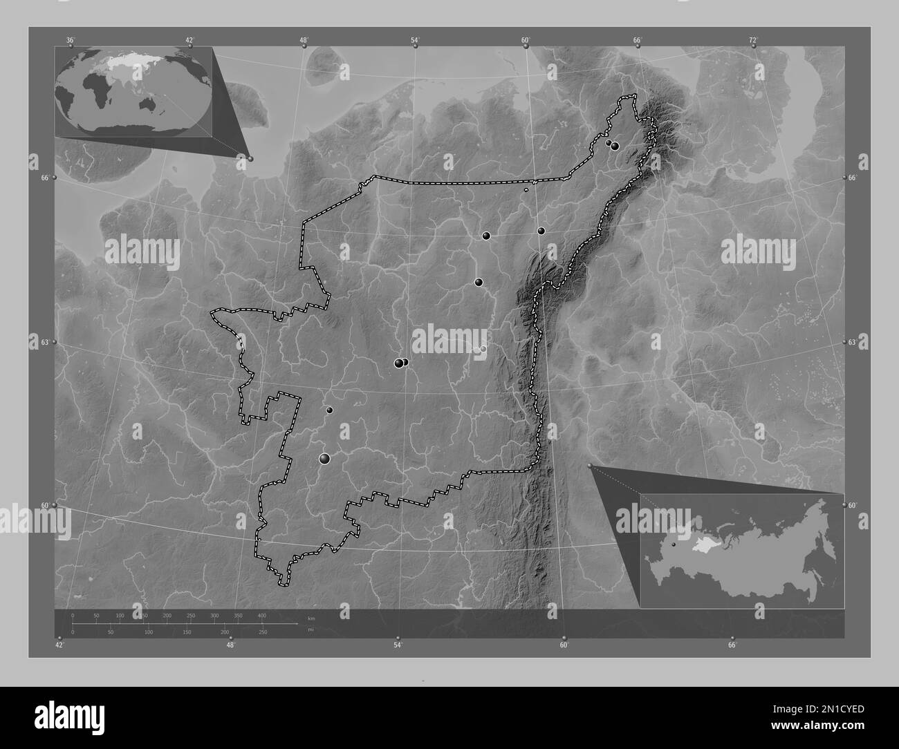 Komi, republic of Russia. Grayscale elevation map with lakes and rivers ...