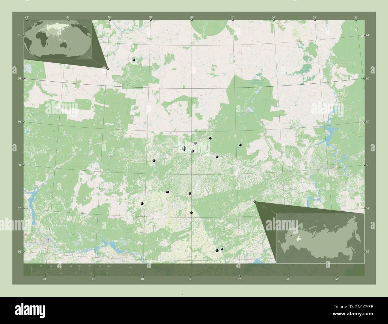 Kirov, region of Russia. Open Street Map. Locations of major cities of ...