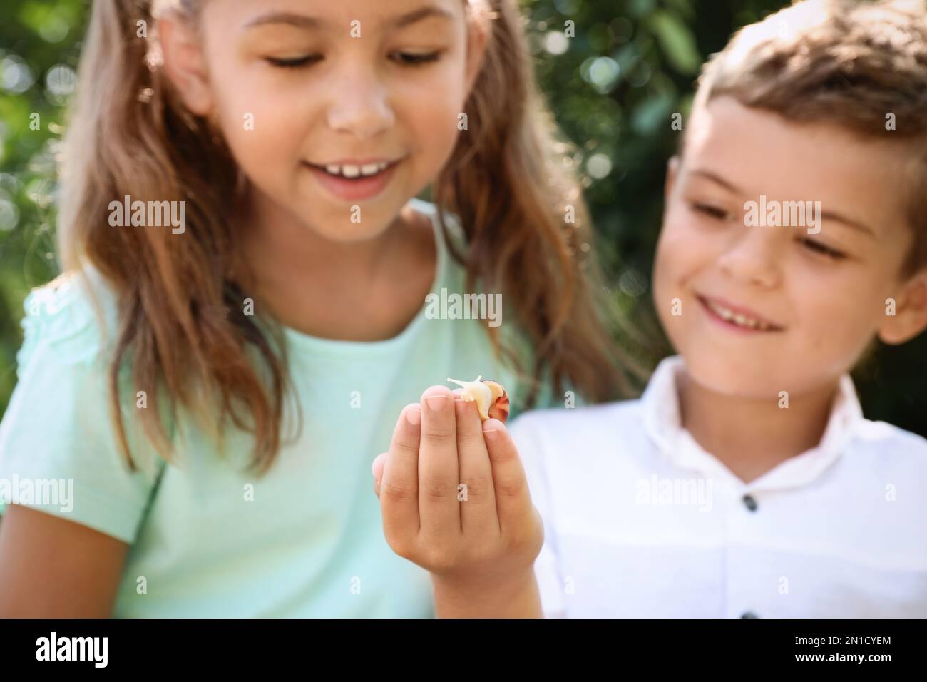 Kids playing with cute snail outdoors, focus on hand. Children spending ...