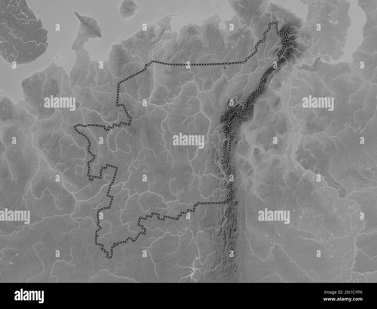Komi, republic of Russia. Grayscale elevation map with lakes and rivers ...