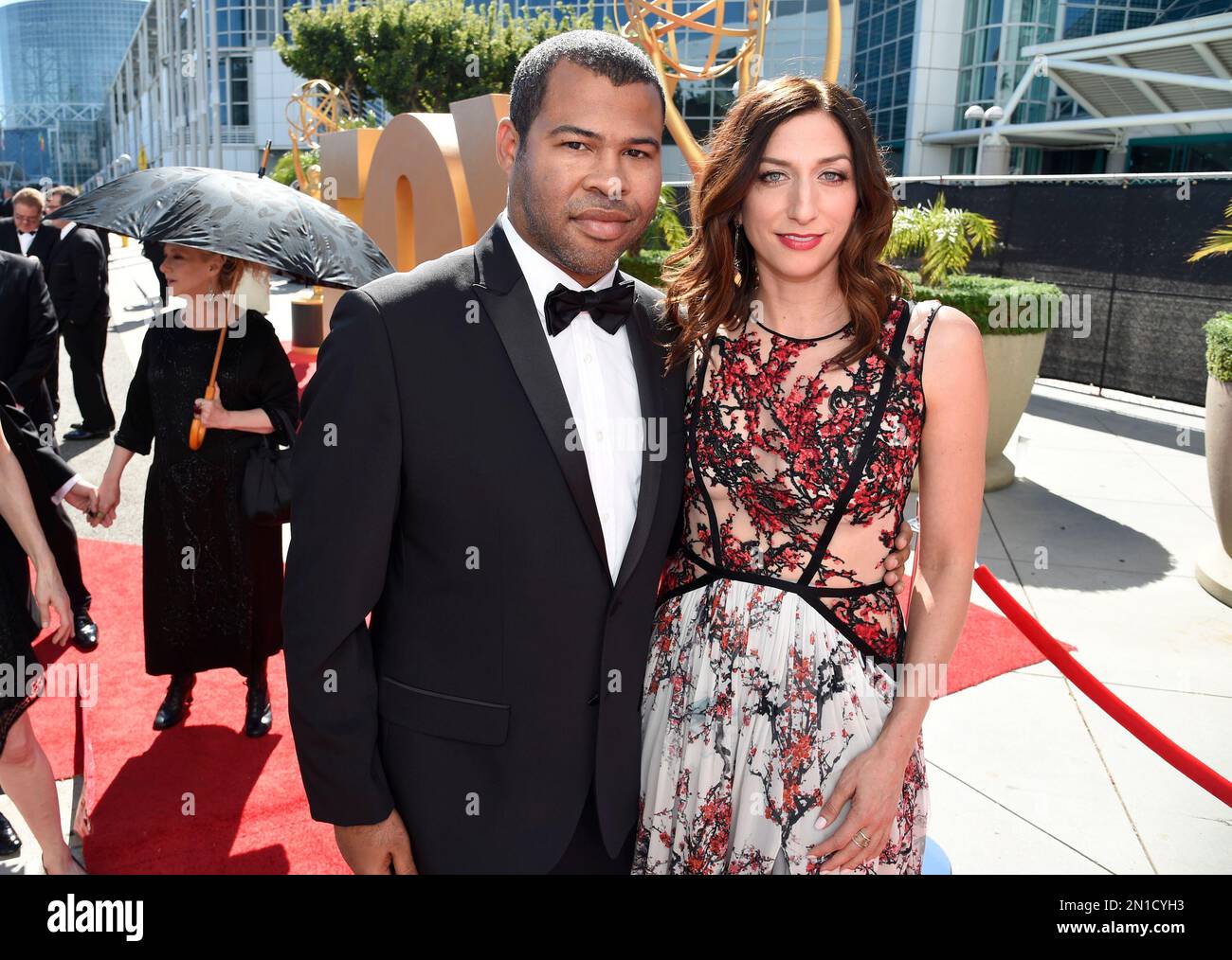 Jordan Peele, left, and Chelsea Peretti arrive at the 67th Primetime ...