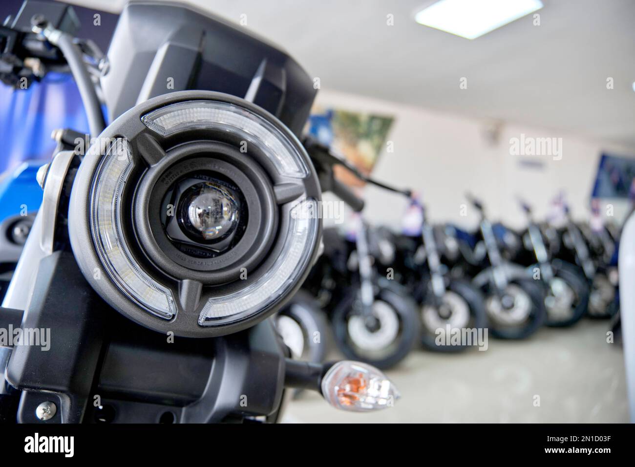 Lima, Peru 2023. Store Yamaha, FZX Connected motorcycle is on display ...