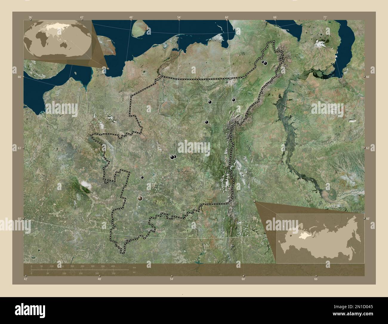 Komi, republic of Russia. High resolution satellite map. Locations of ...