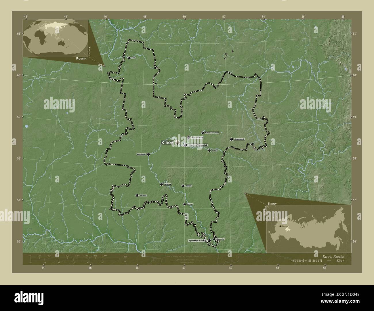 Kirov, region of Russia. Elevation map colored in wiki style with lakes ...