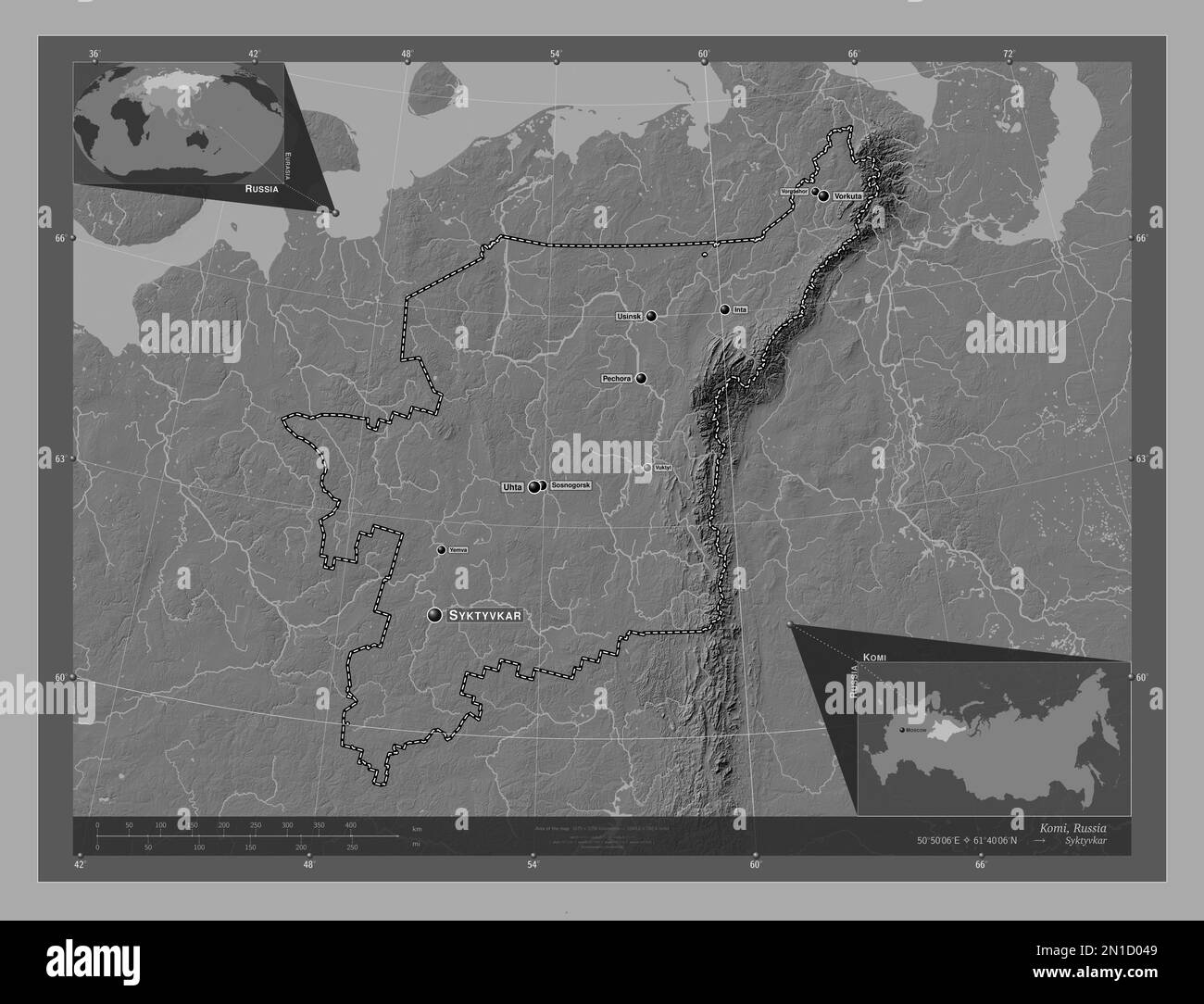 Komi, republic of Russia. Bilevel elevation map with lakes and rivers ...
