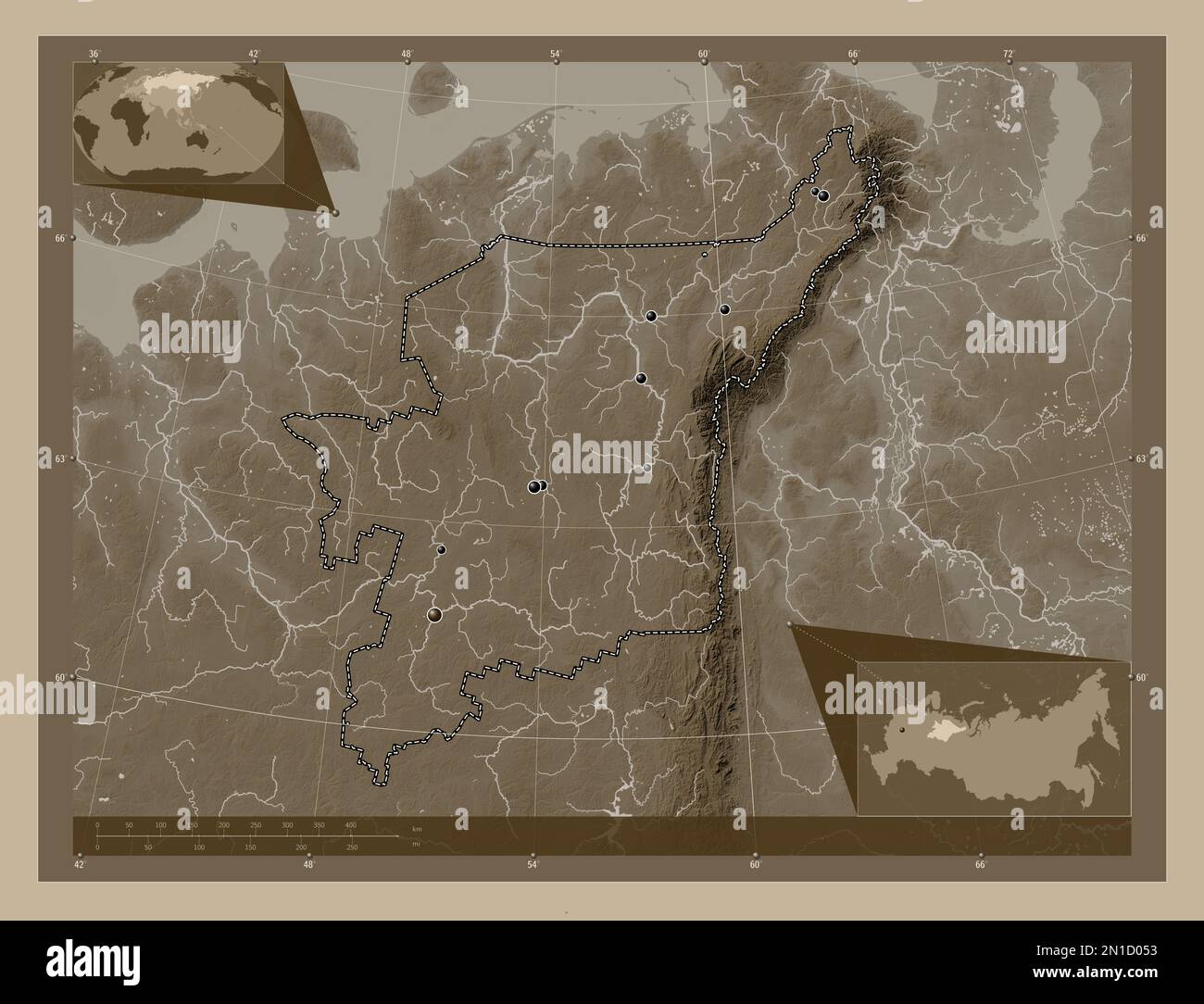 Komi, republic of Russia. Elevation map colored in sepia tones with ...
