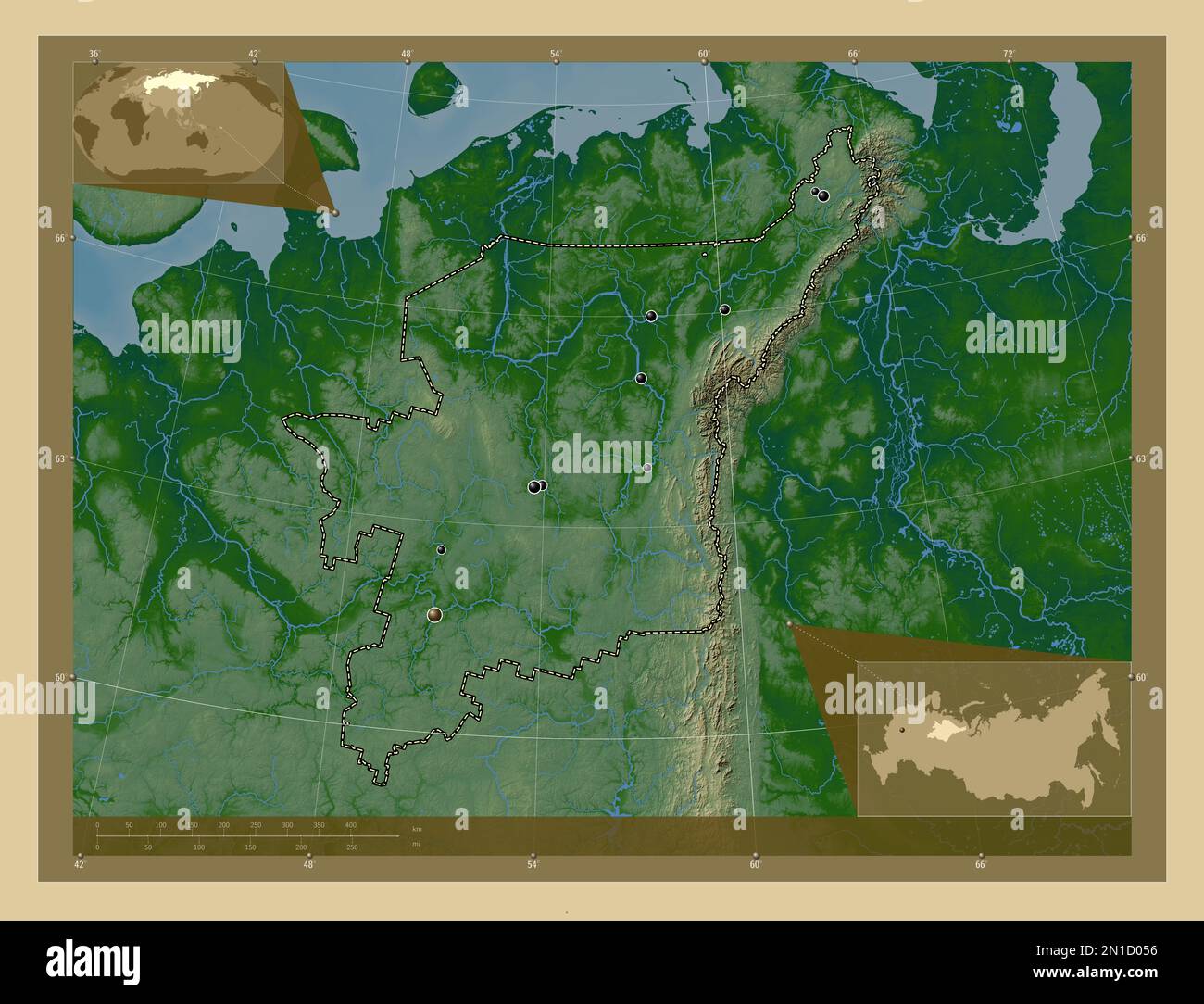 Komi, republic of Russia. Colored elevation map with lakes and rivers ...
