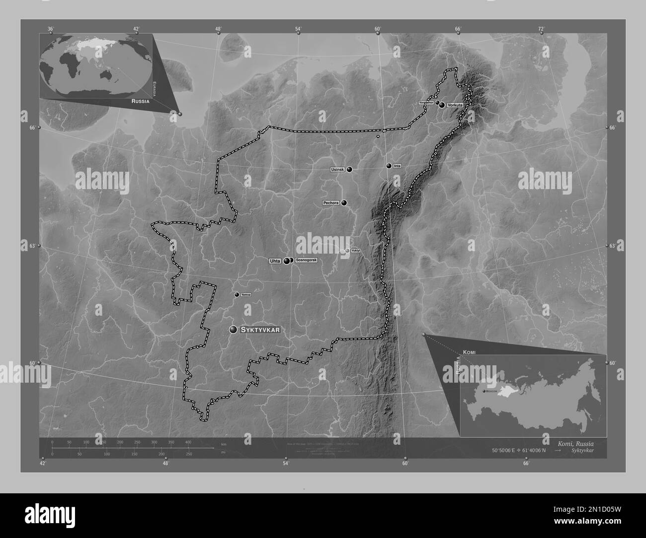 Komi, republic of Russia. Grayscale elevation map with lakes and rivers ...