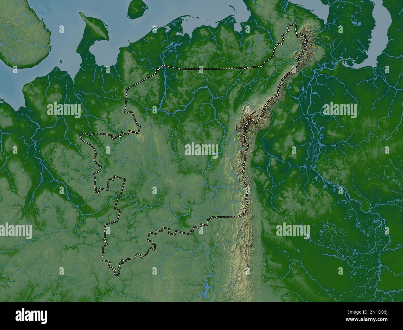 Komi, republic of Russia. Colored elevation map with lakes and rivers ...