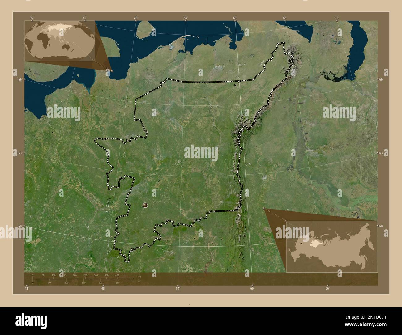 Komi, republic of Russia. Low resolution satellite map. Corner ...