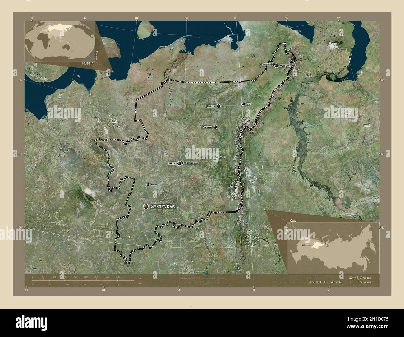 Komi, republic of Russia. High resolution satellite map. Locations and ...