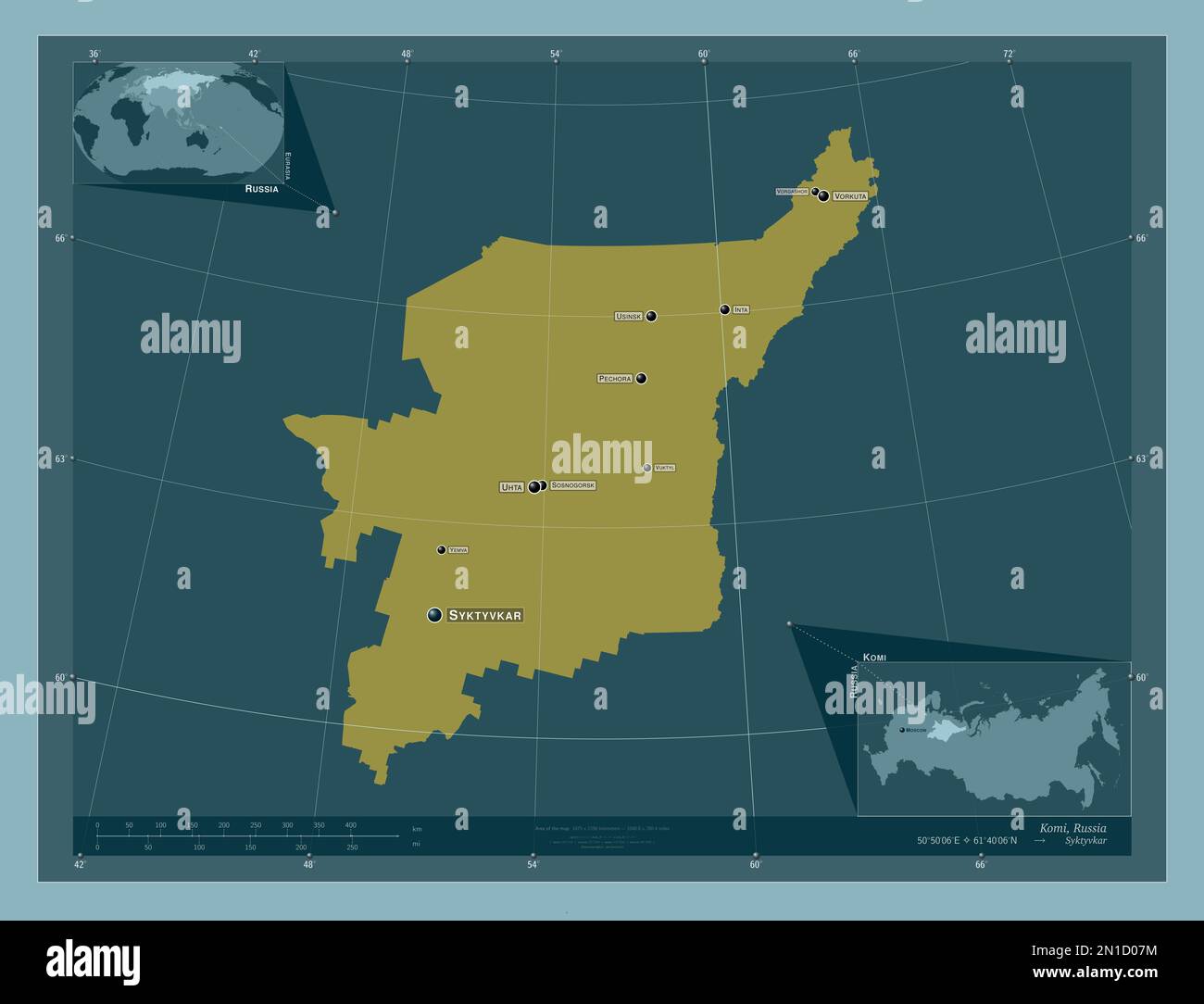 Komi, republic of Russia. Solid color shape. Locations and names of ...