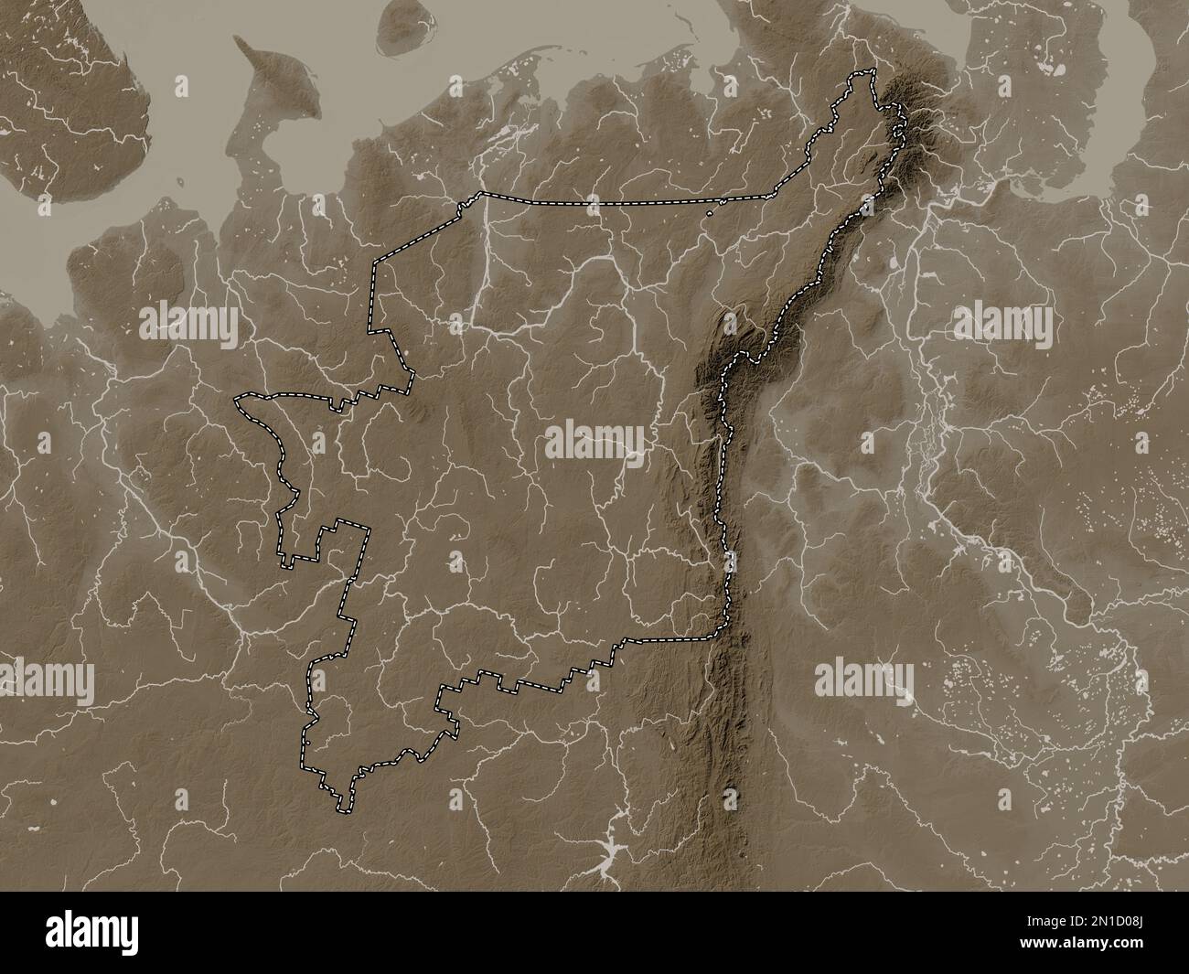 Komi, republic of Russia. Elevation map colored in sepia tones with ...