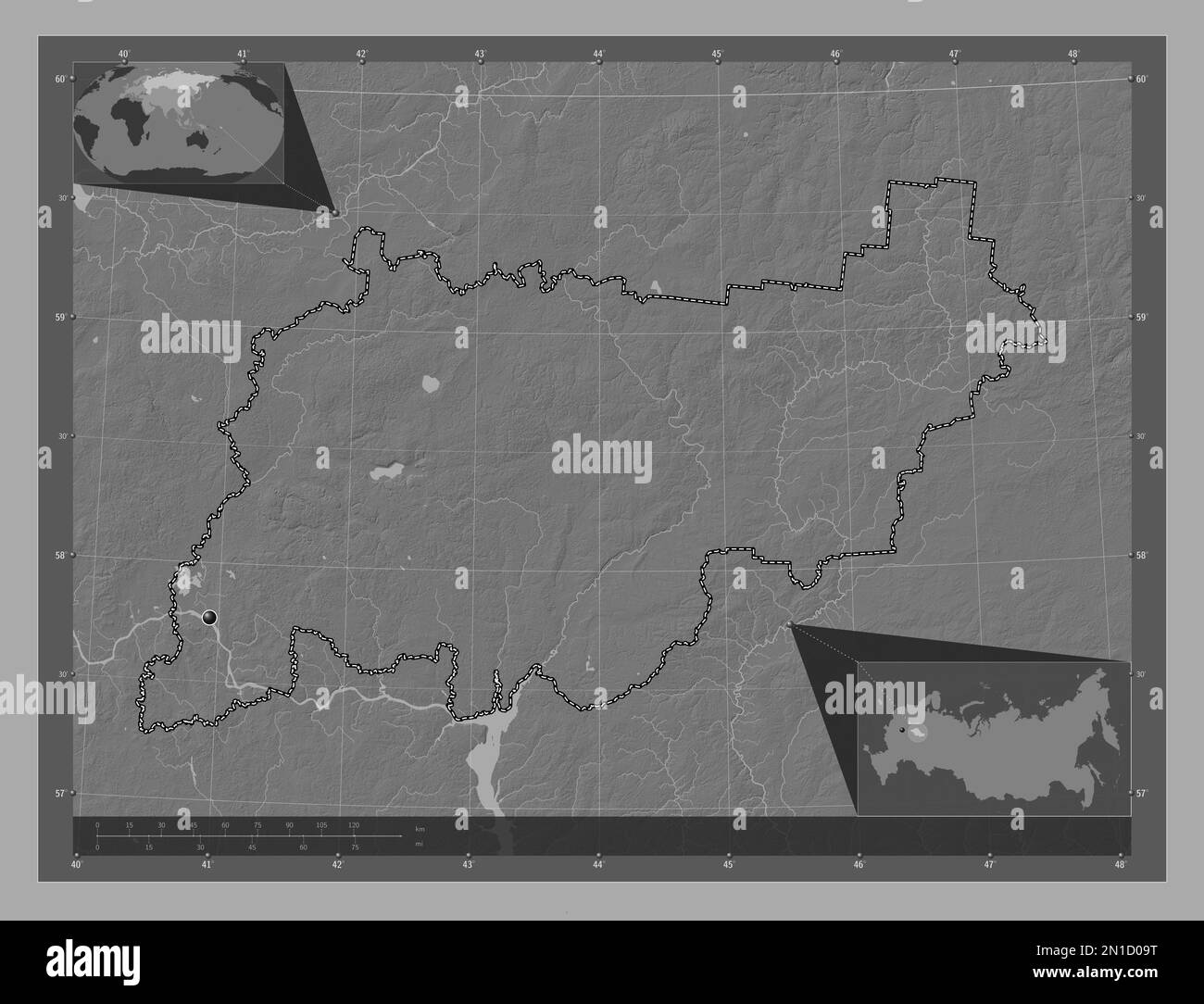 Kostroma, region of Russia. Bilevel elevation map with lakes and rivers ...
