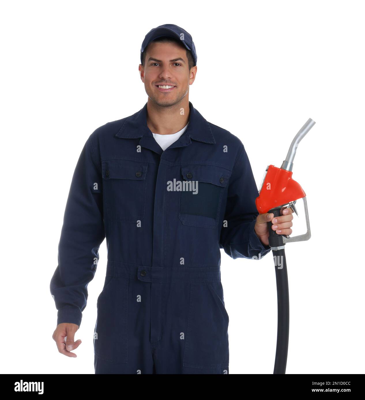 Gas station worker with fuel nozzle on white background Stock Photo - Alamy