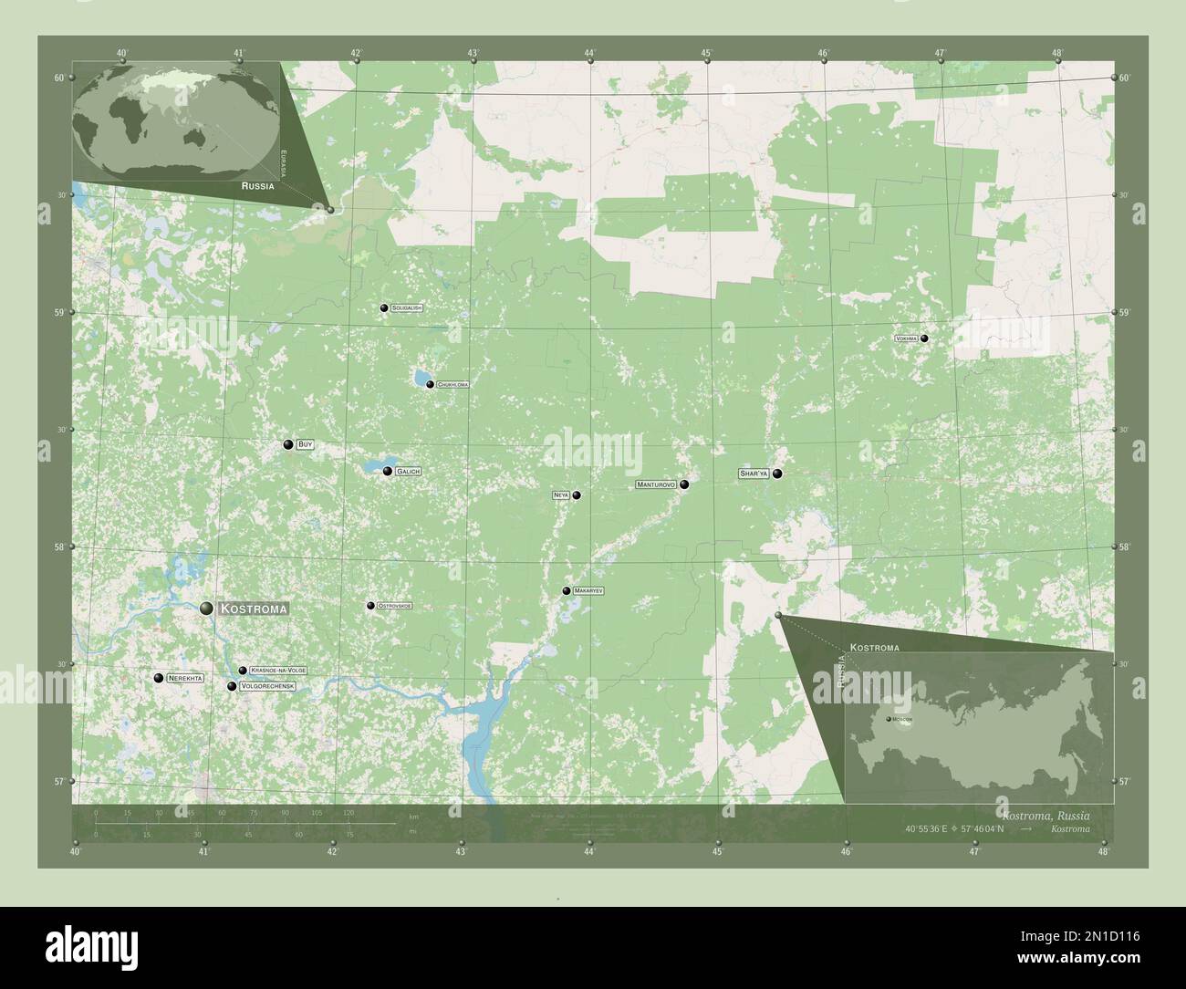 Kostroma, region of Russia. Open Street Map. Locations and names of ...