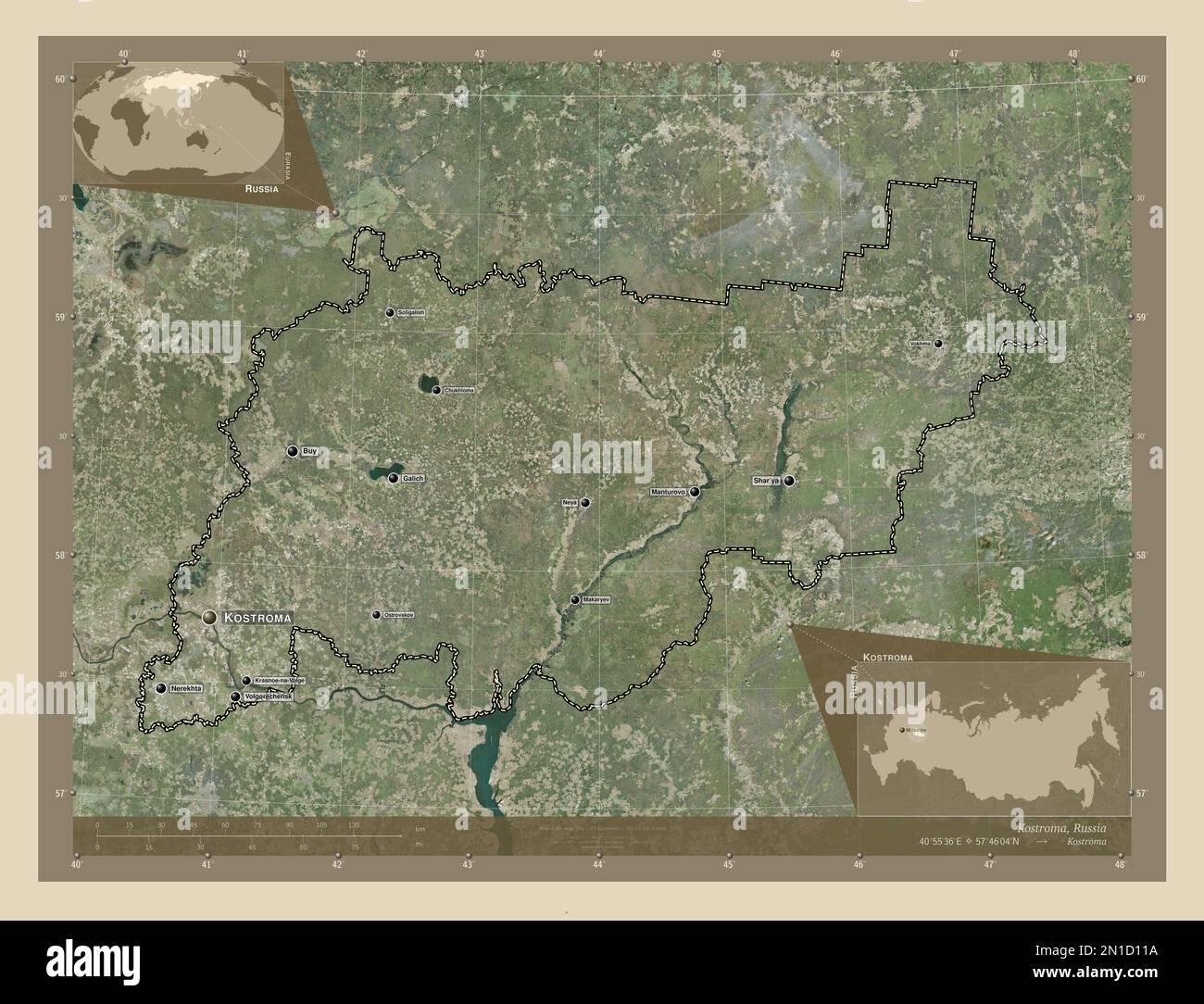 Kostroma, region of Russia. High resolution satellite map. Locations ...