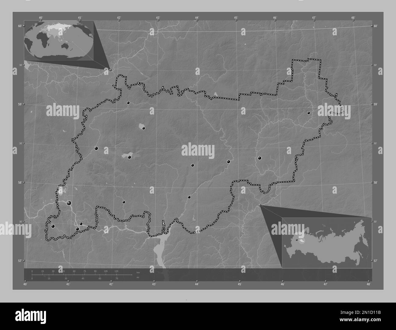 Kostroma, region of Russia. Grayscale elevation map with lakes and ...