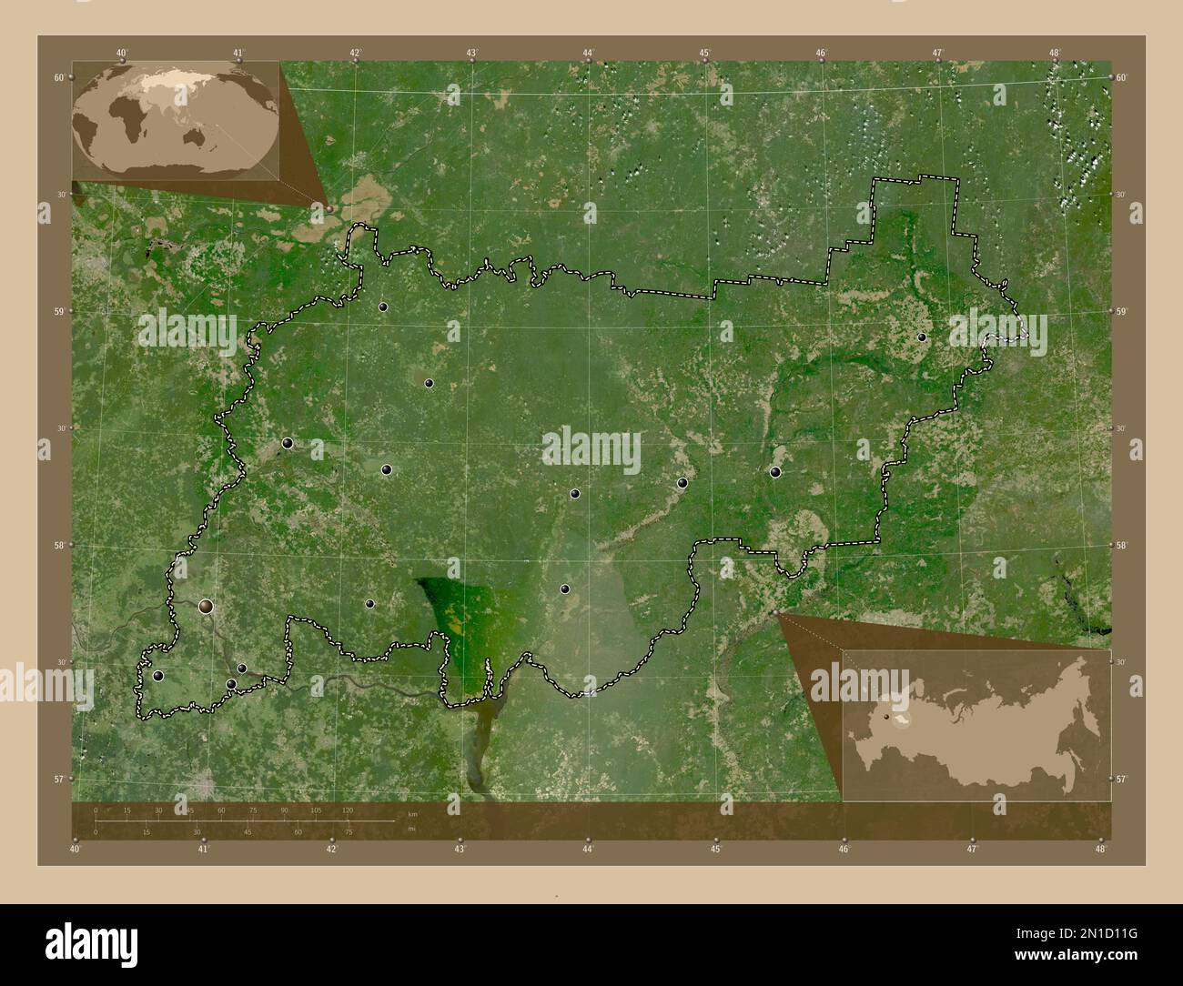 Kostroma, region of Russia. Low resolution satellite map. Locations of ...
