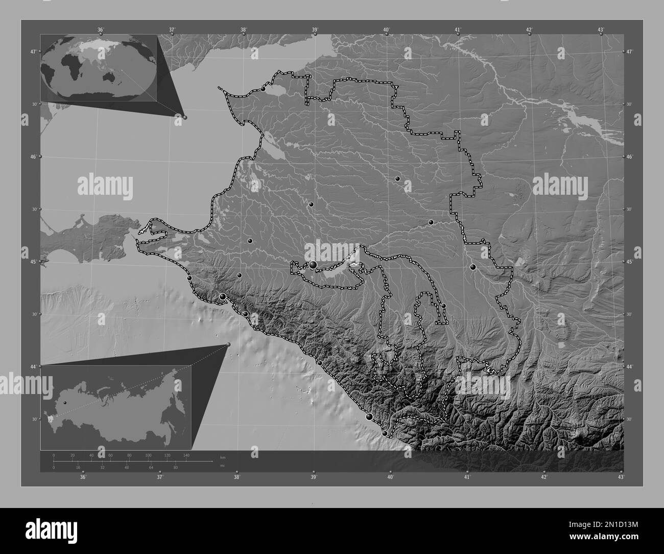 Krasnodar, territory of Russia. Bilevel elevation map with lakes and ...