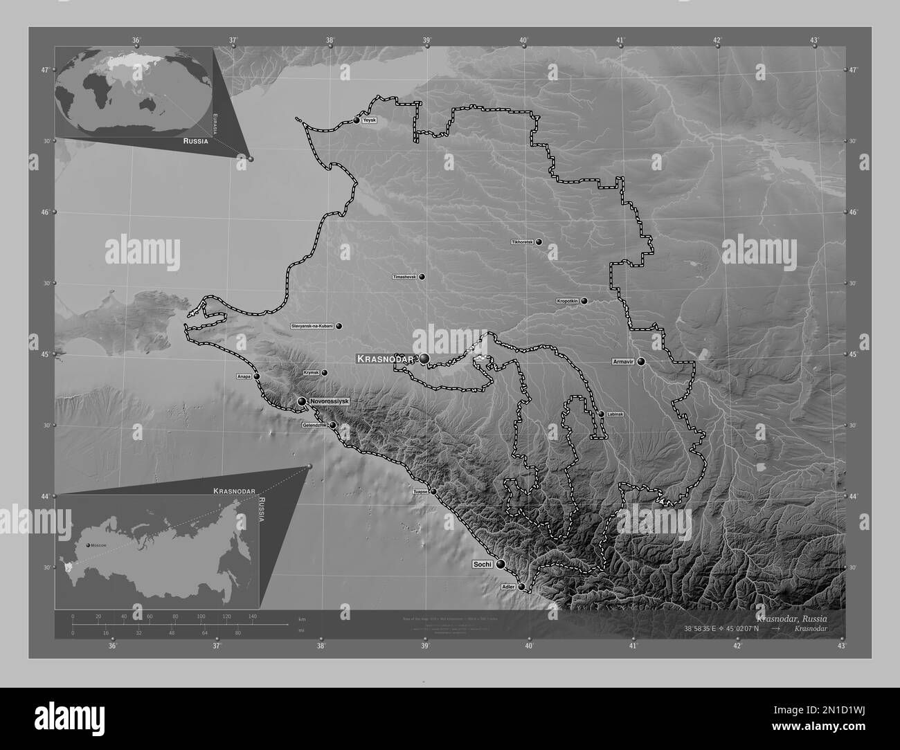 Krasnodar, territory of Russia. Grayscale elevation map with lakes and ...