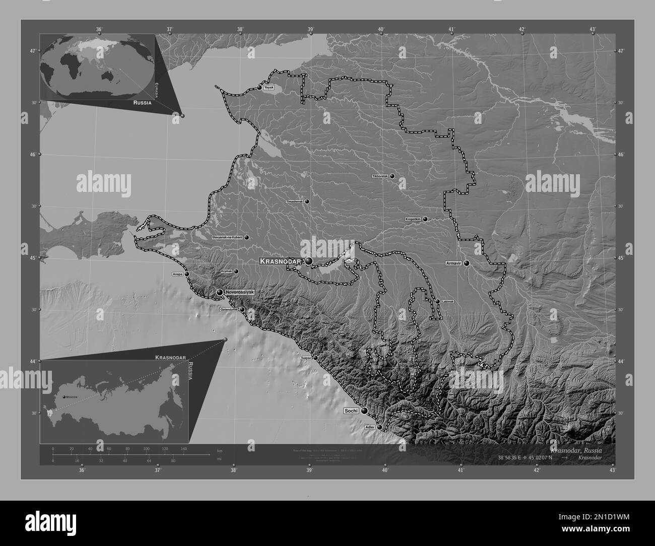 Krasnodar, territory of Russia. Bilevel elevation map with lakes and ...