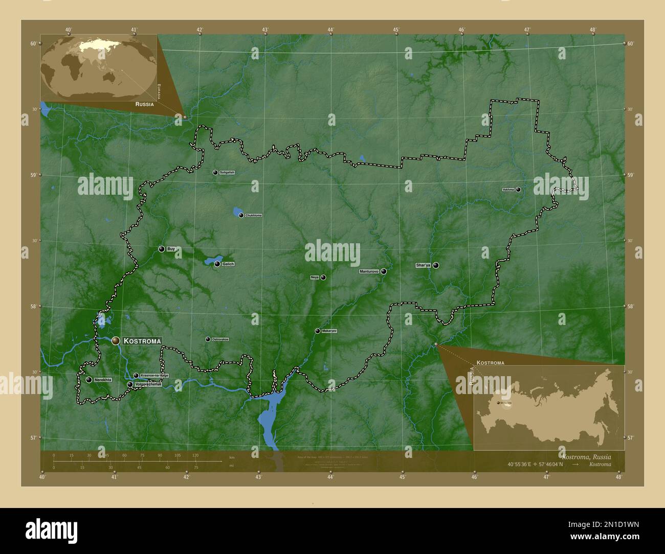 Kostroma, region of Russia. Colored elevation map with lakes and rivers ...