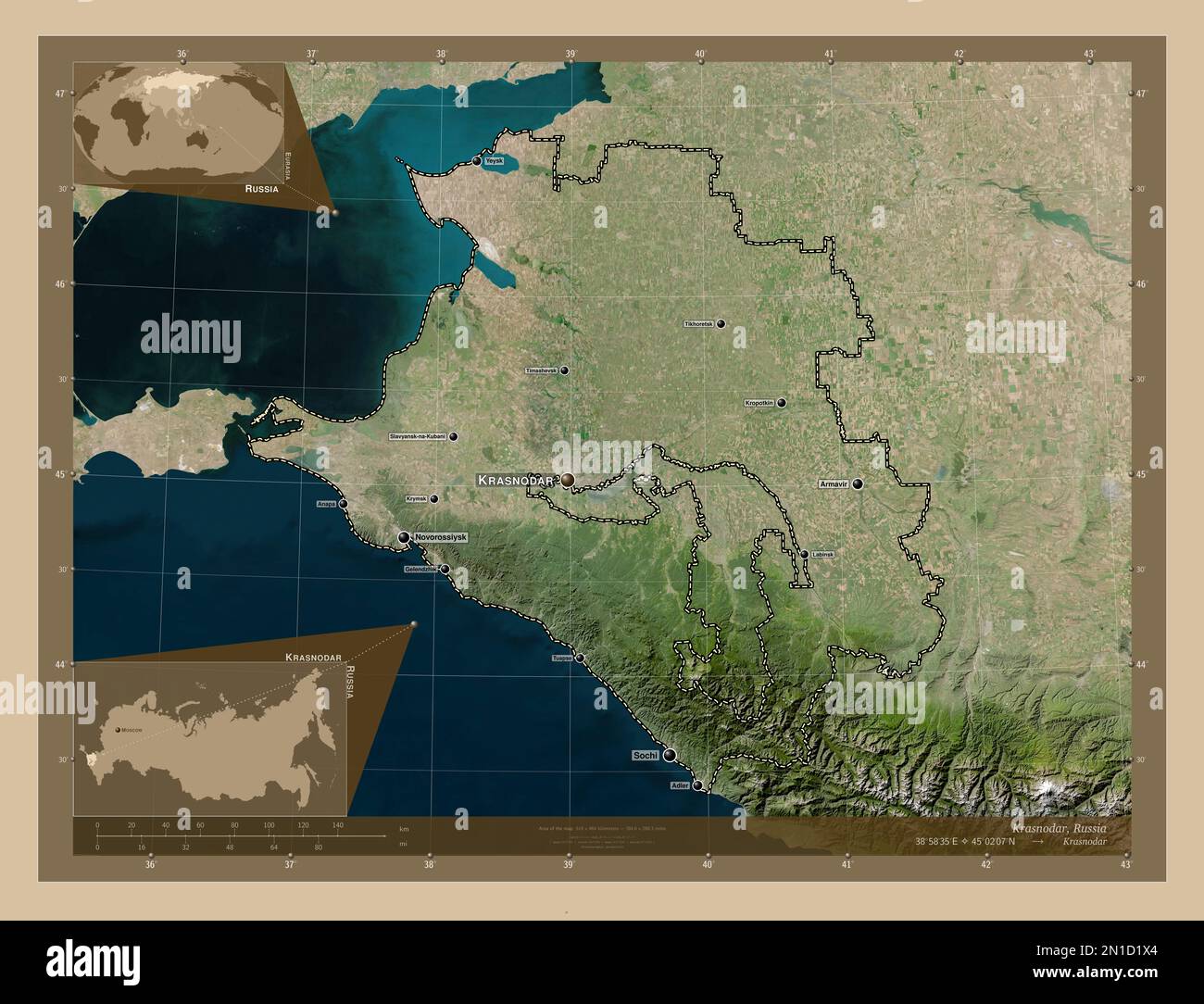 Krasnodar, territory of Russia. Low resolution satellite map. Locations ...