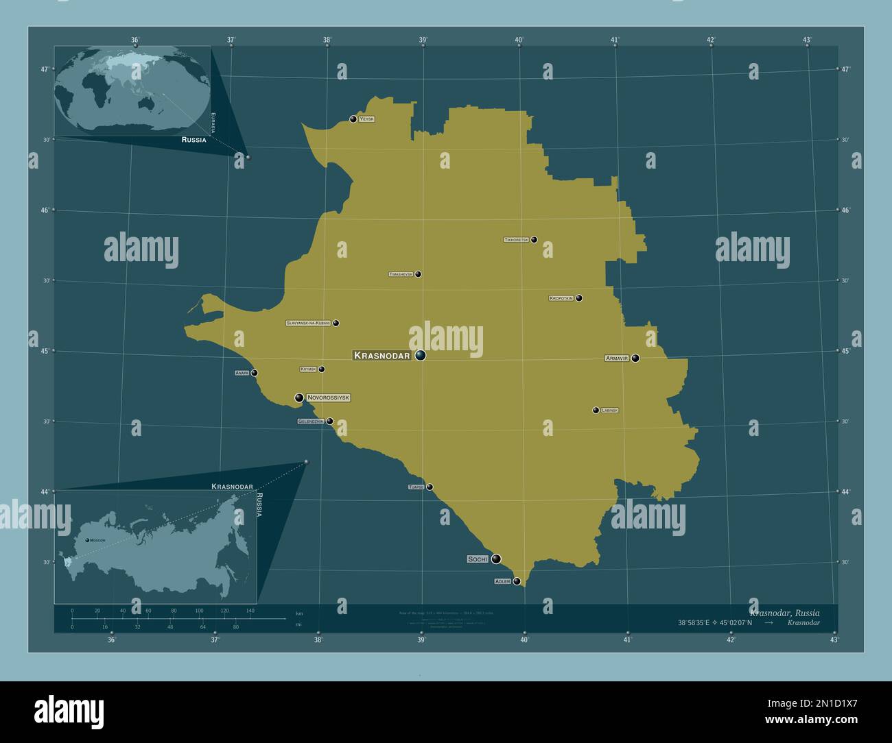 Krasnodar, territory of Russia. Solid color shape. Locations and names ...