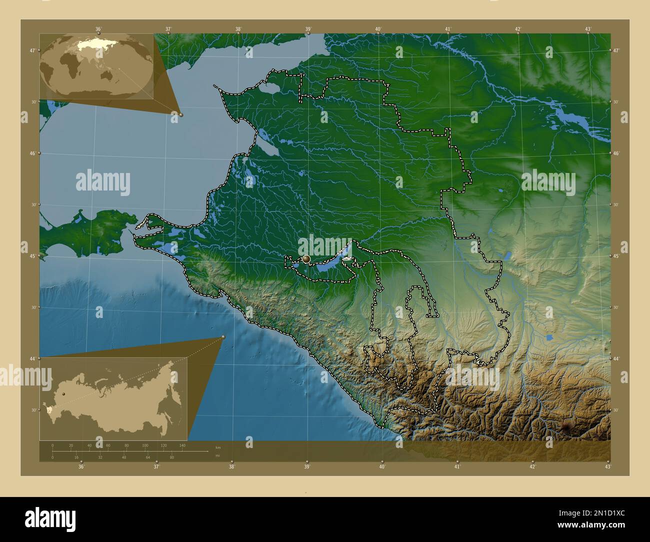 Krasnodar, territory of Russia. Colored elevation map with lakes and ...