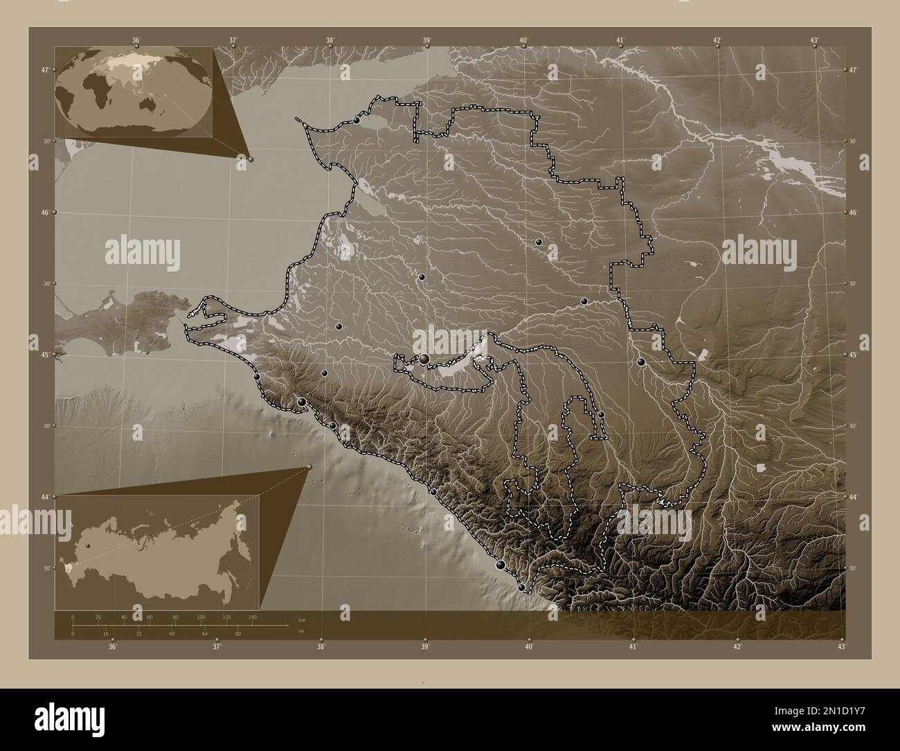 Krasnodar, territory of Russia. Elevation map colored in sepia tones ...