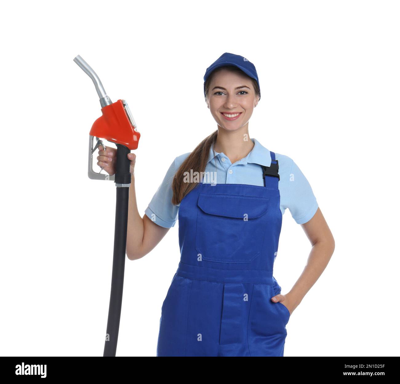 Gas station worker with fuel nozzle on white background Stock Photo - Alamy