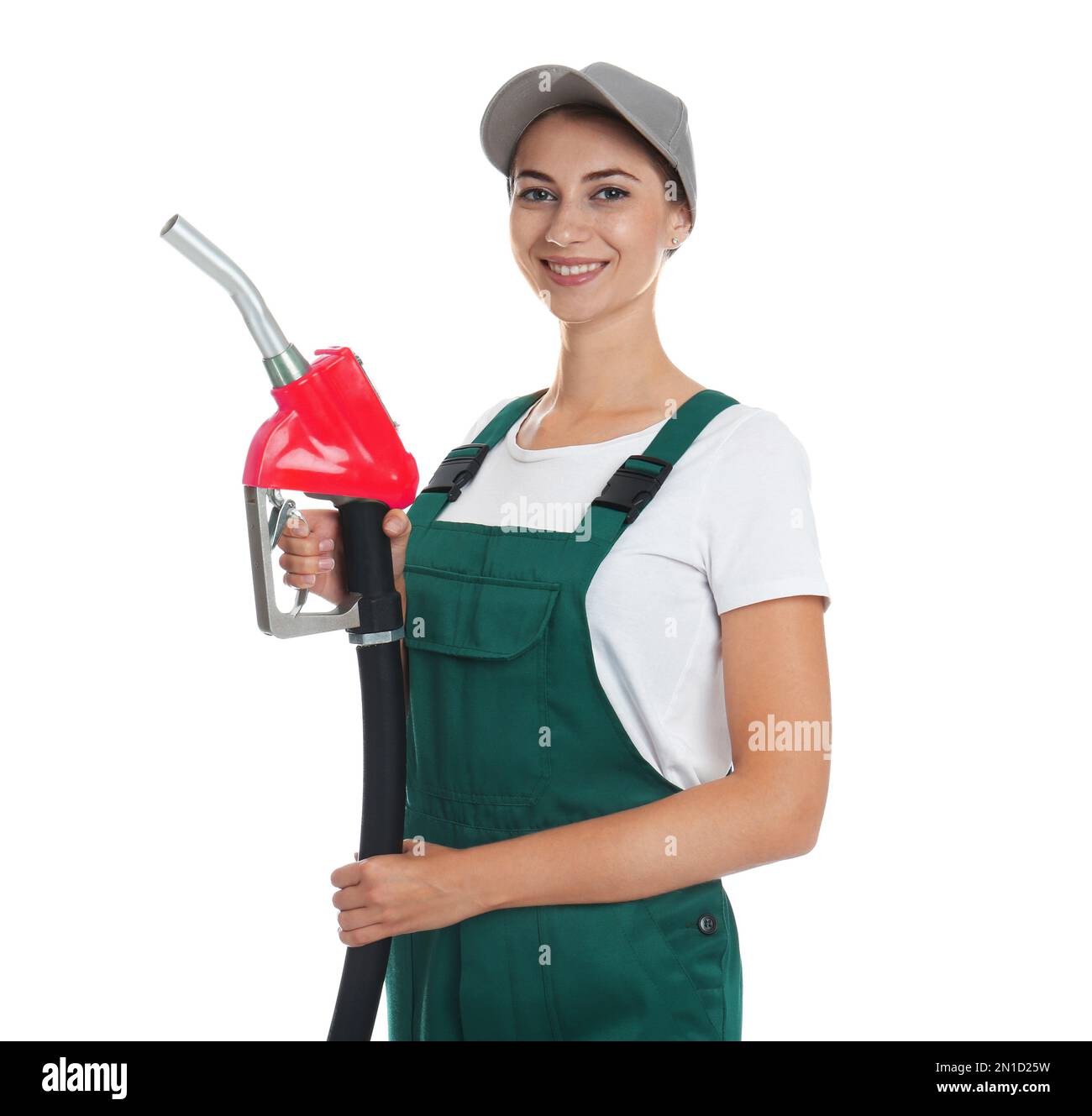 Gas station worker with fuel nozzle on white background Stock Photo - Alamy