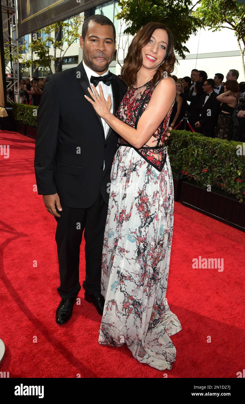 Jordan Peele, left, and Chelsea Peretti arrive at the 67th Primetime ...