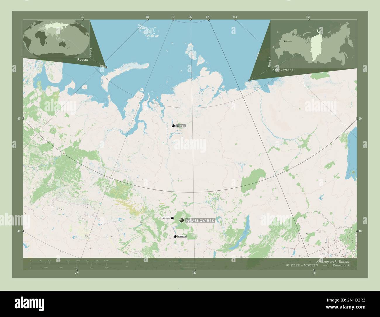 Krasnoyarsk, territory of Russia. Open Street Map. Locations and names ...