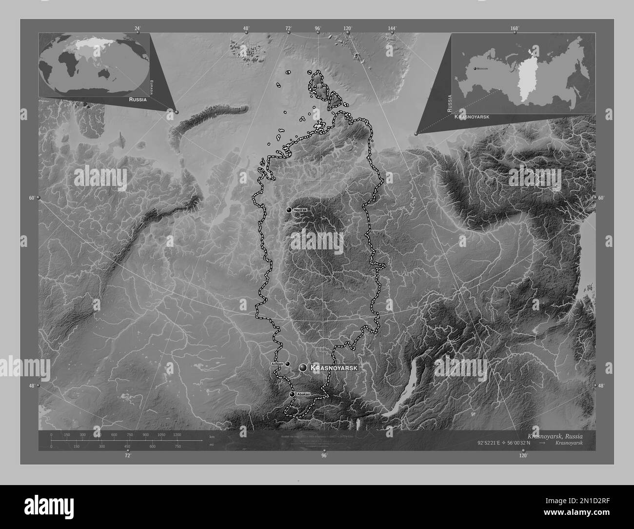 Krasnoyarsk, territory of Russia. Grayscale elevation map with lakes ...