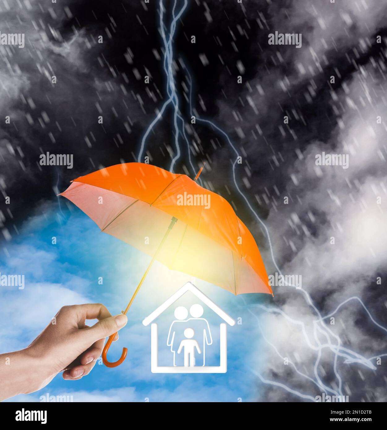 Insurance concept. Woman covering illustration with orange umbrella ...