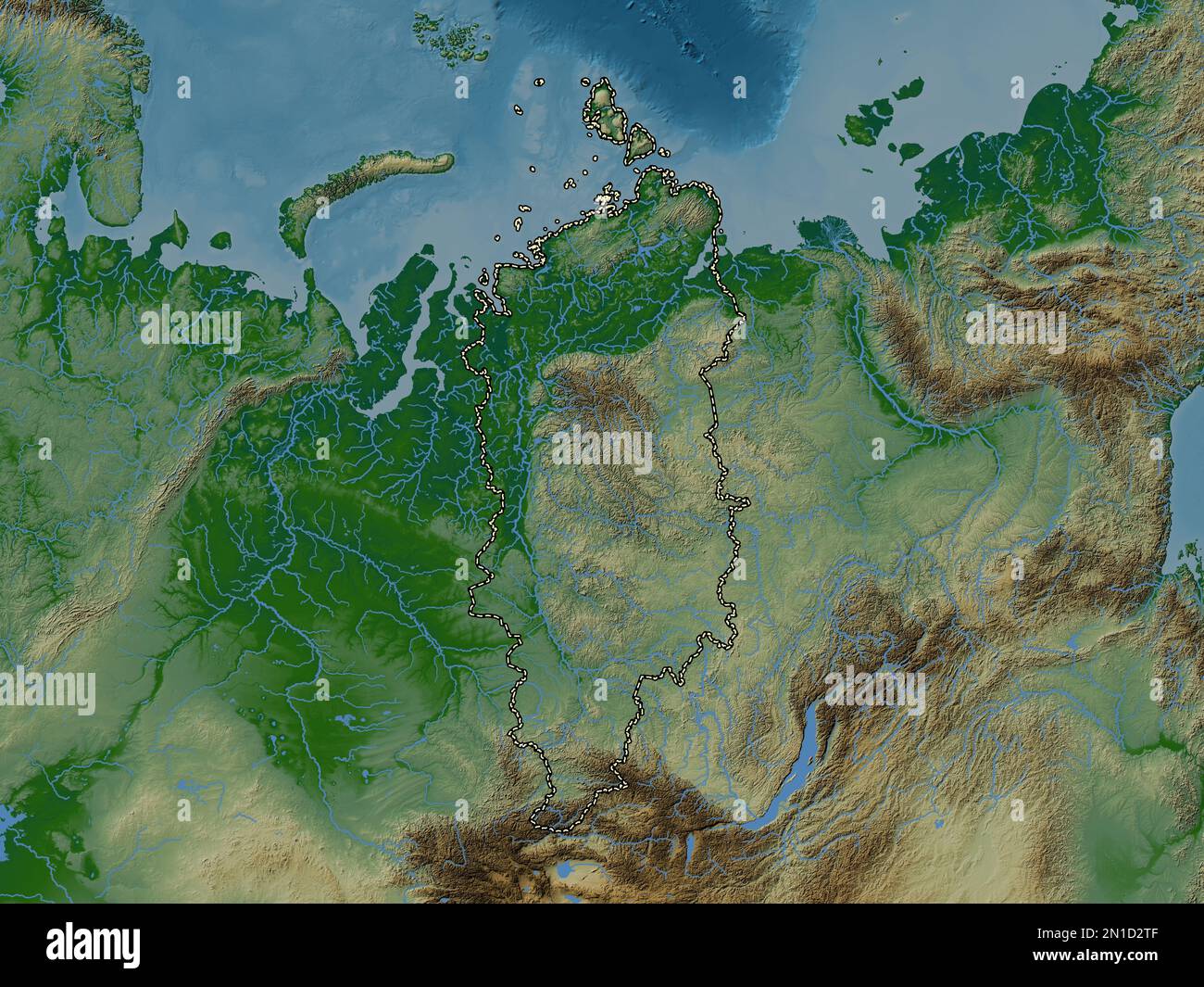 Krasnoyarsk, territory of Russia. Colored elevation map with lakes and ...