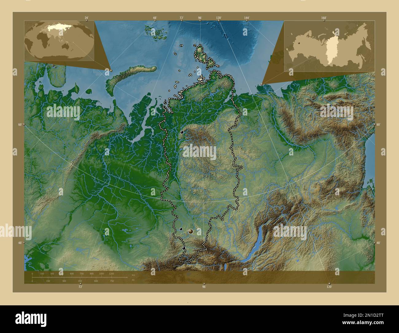 Krasnoyarsk, territory of Russia. Colored elevation map with lakes and ...