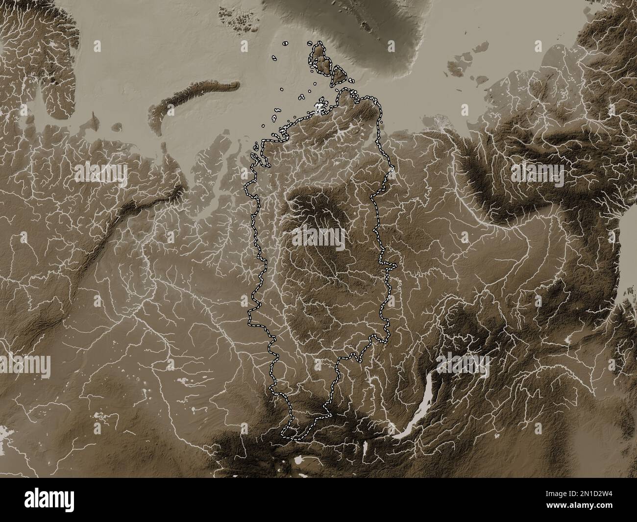 Krasnoyarsk, territory of Russia. Elevation map colored in sepia tones ...